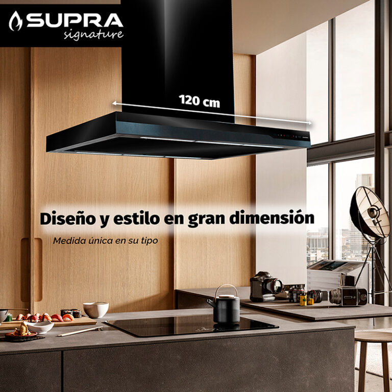 Campana de isla MONTEBELLO 120 con panel de cristal color negro. SUPRA ...