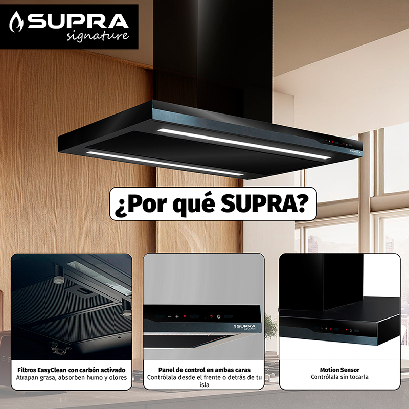 Campana de isla MONTEBELLO 120 con panel de cristal color negro. SUPRA ...