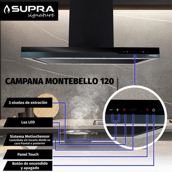 Campana de isla MONTEBELLO 120 con panel de cristal color negro. SUPRA ...