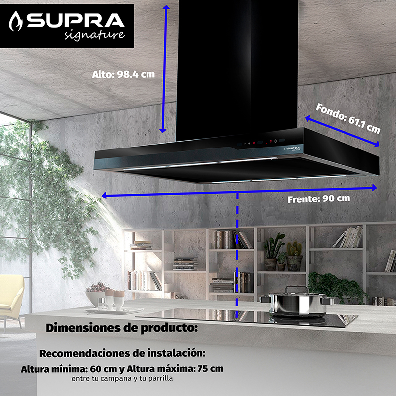 Campana de isla MONTEBELLO 90 con panel de cristal color negro. SUPRA ...