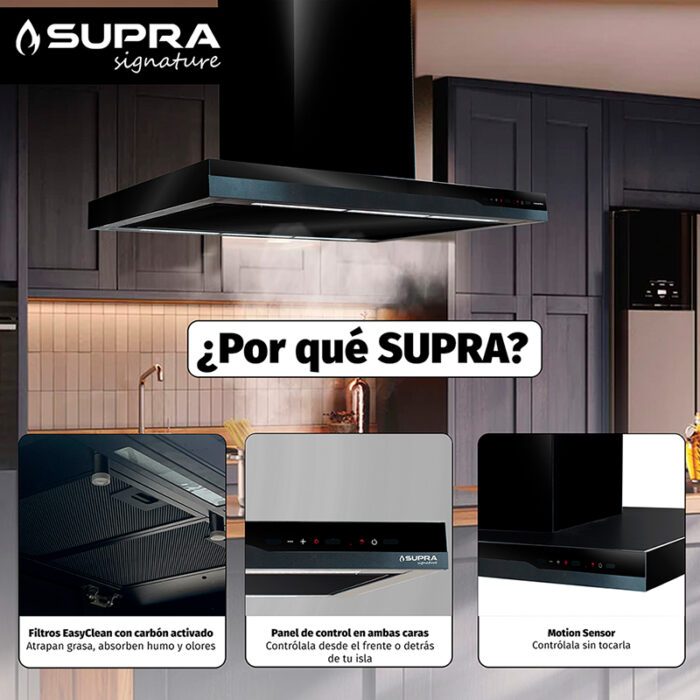 Campana de isla MONTEBELLO 90 con panel de cristal color negro. SUPRA ...