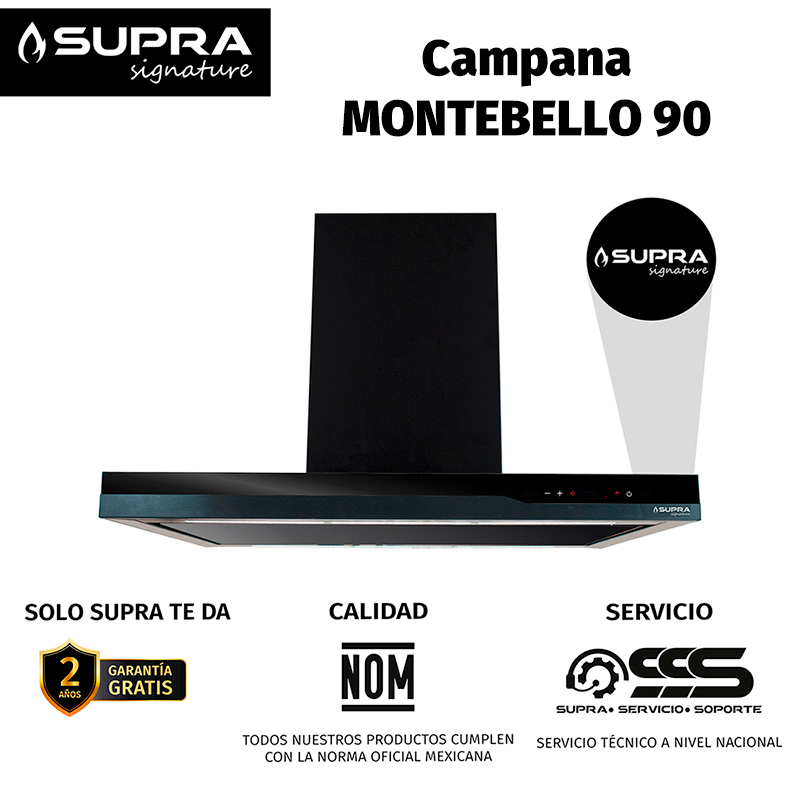 Campana de isla MONTEBELLO 90 con panel de cristal color negro. SUPRA ...